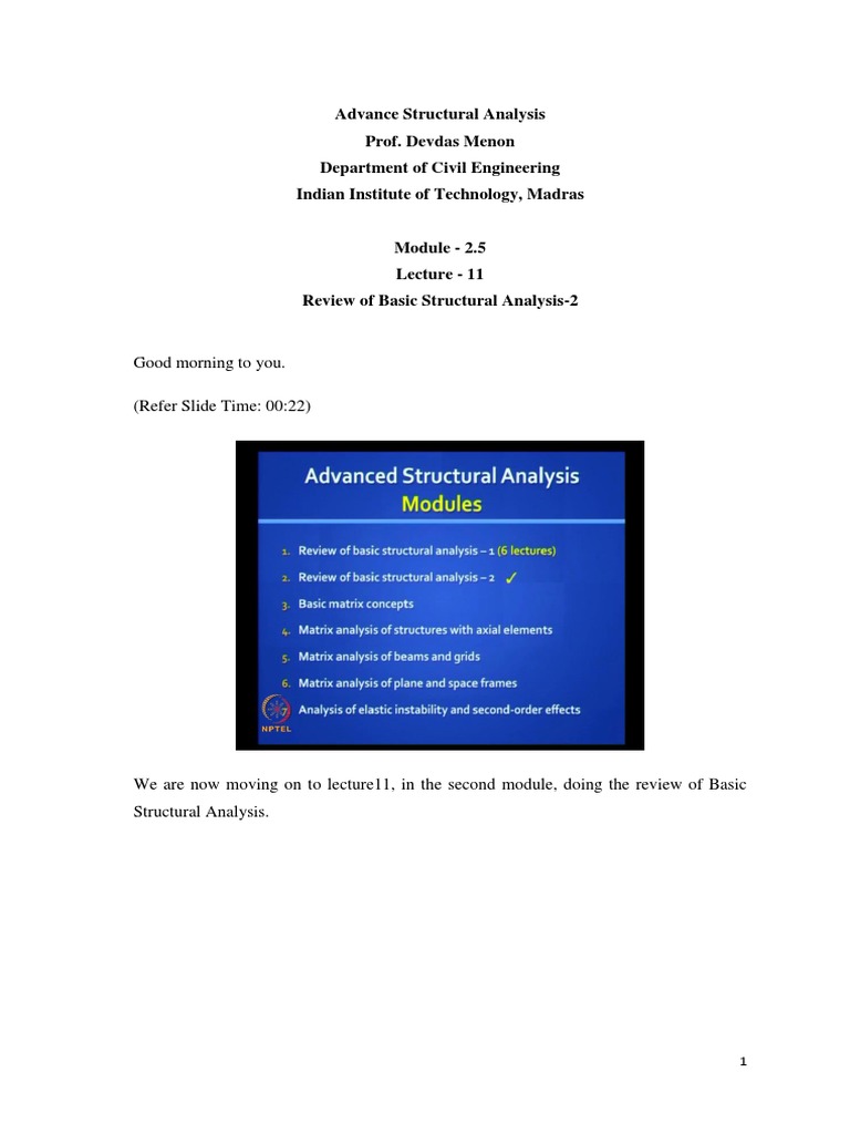 Advance Structural Analysis Prof. Devdas Menon Department of Civil Engineering Indian Institute ...