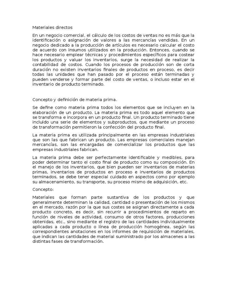Materiales Directos | PDF | Contabilidad de gestión | Costo