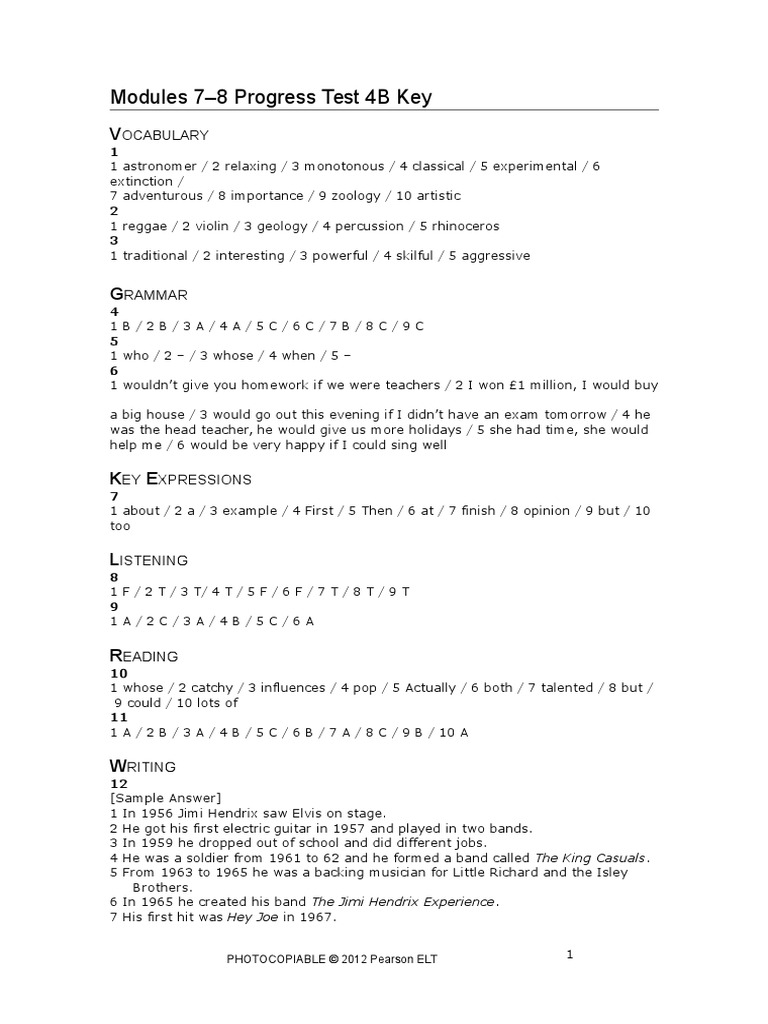 Modules 7-8 Progress Test 4B Key: Ocabulary | PDF