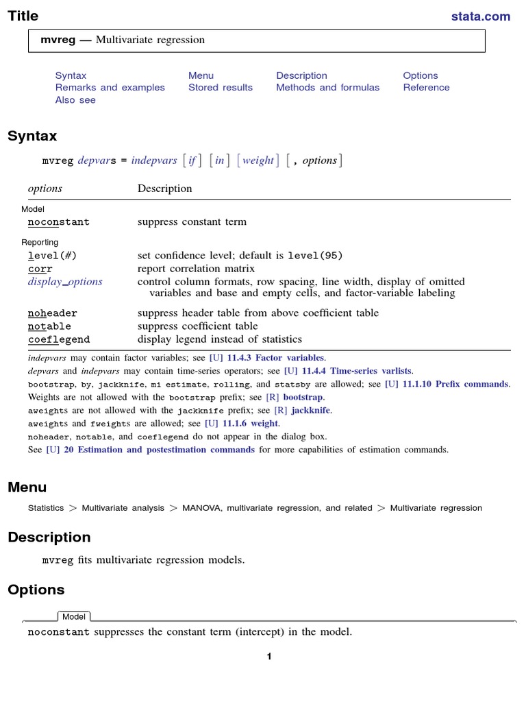 Mvreg - Multivariate Regression: Depvar Indepvars If in Weight | PDF | Covariance Matrix ...