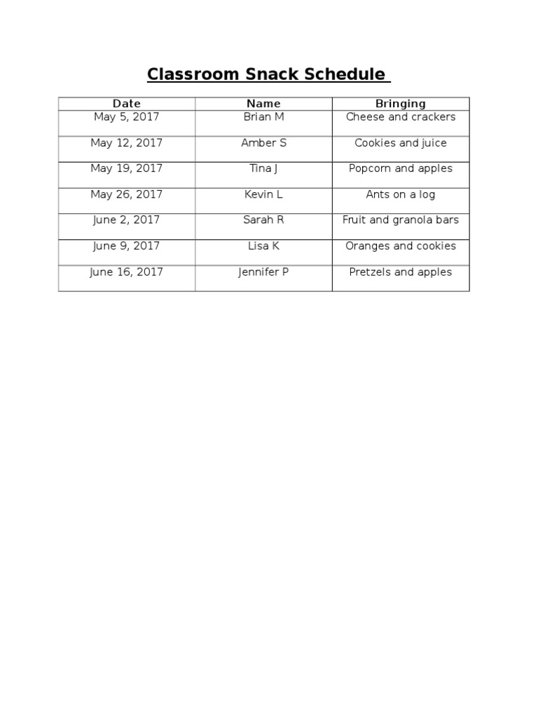 Classroom Snack Schedule 2017 | PDF