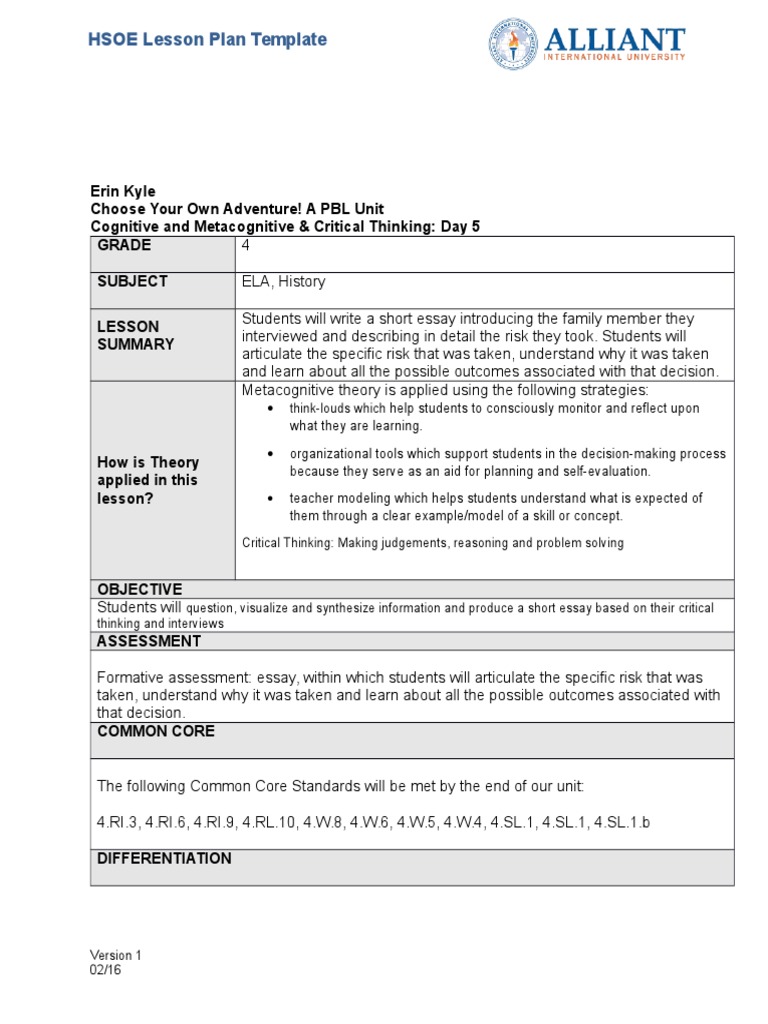 Erin Kyle WK 6 Metacognitive Lesson Plan | PDF | Metacognition | Risk