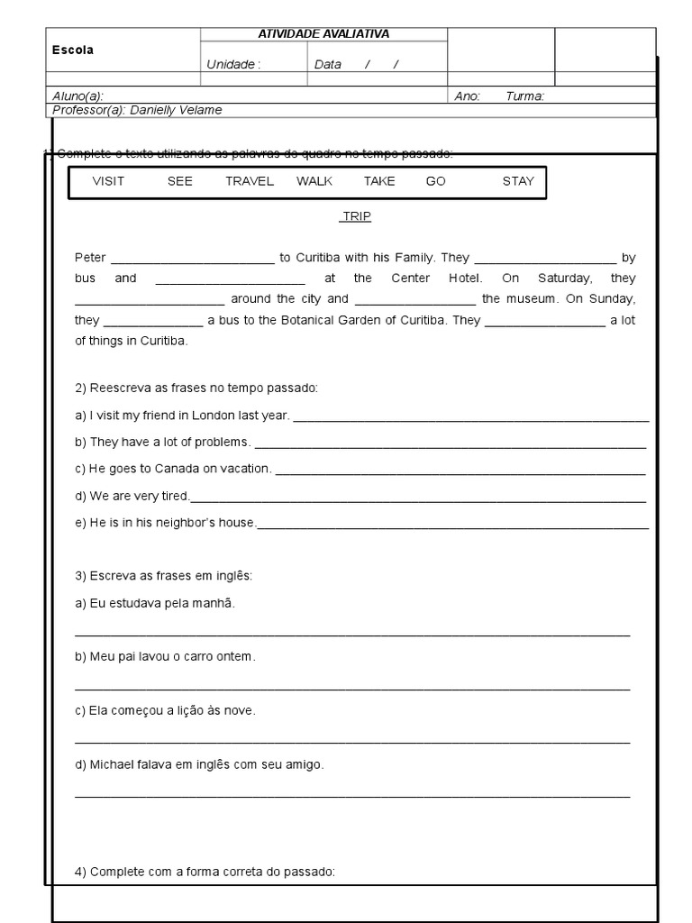 Atividade Avaliativa Past Tense | PDF