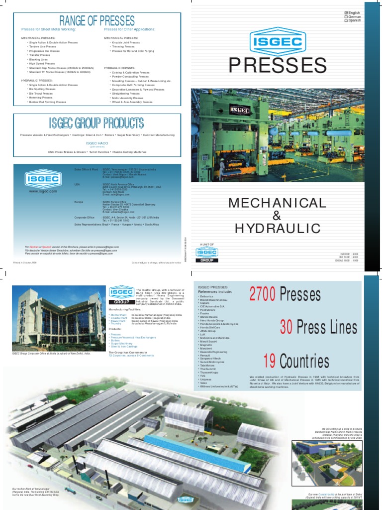 Techanical Specification of Hydraulic Press | PDF | Sheet Metal ...