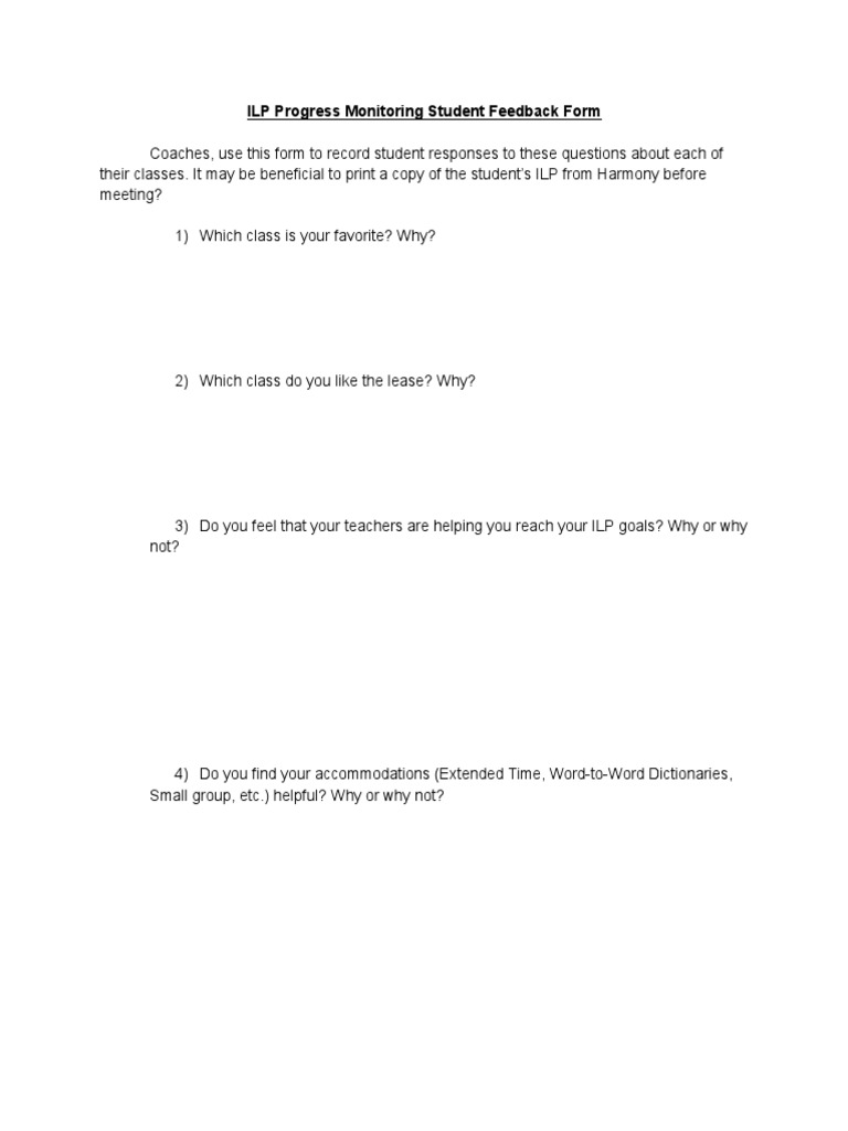 ILP Progress Monitoring Student Feedback Form | PDF
