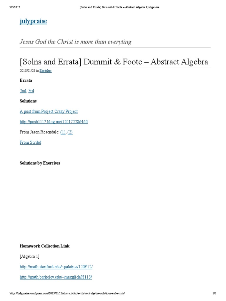 (Solns and Errata) Dummit & Foote - Abstract Algebra - Julypraise | PDF ...