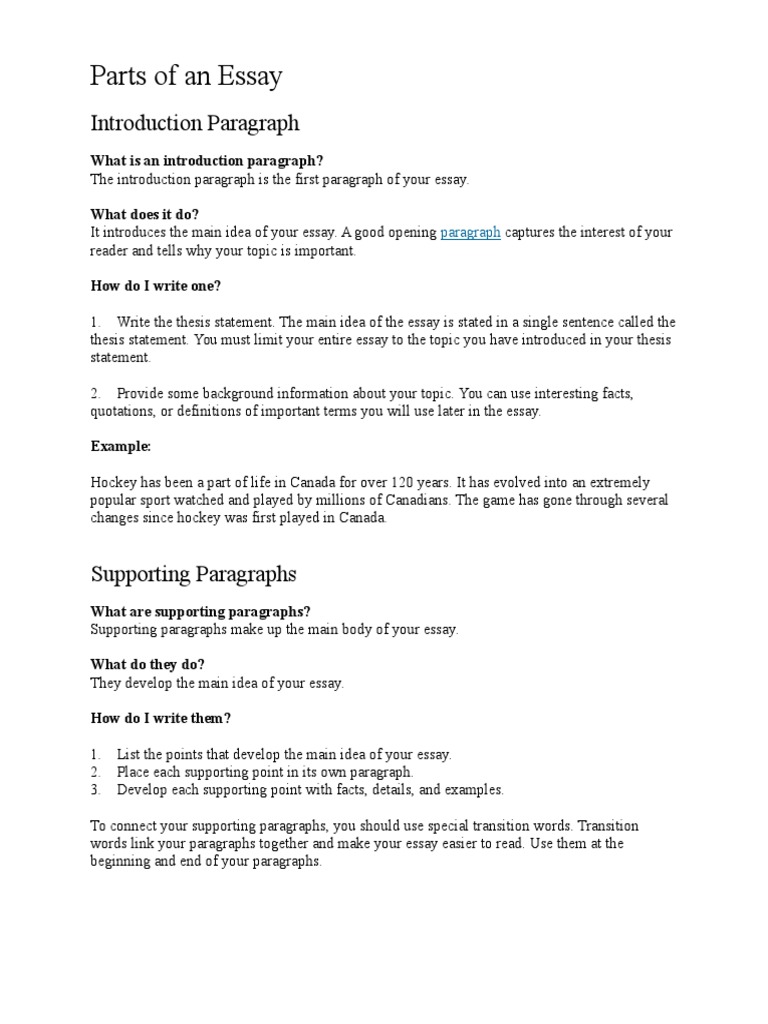 Parts of An Essay: Introduction Paragraph | PDF | Essays | Paragraph