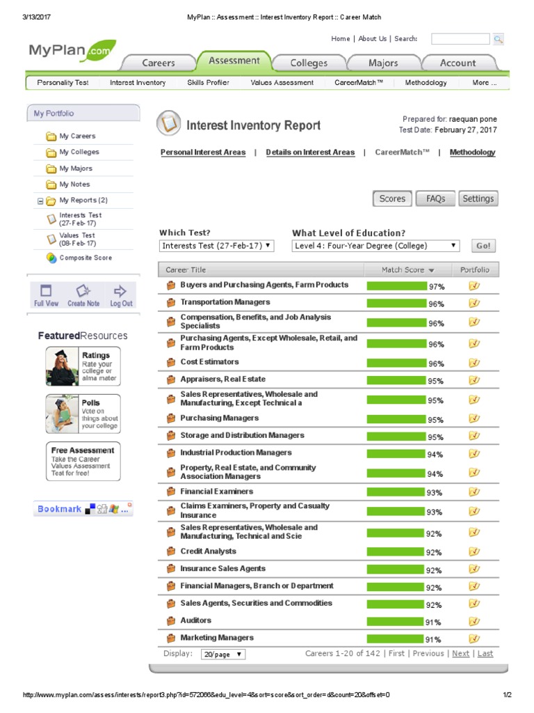 Myplan Assessment Interest Inventory Report Career Match 1 | PDF ...