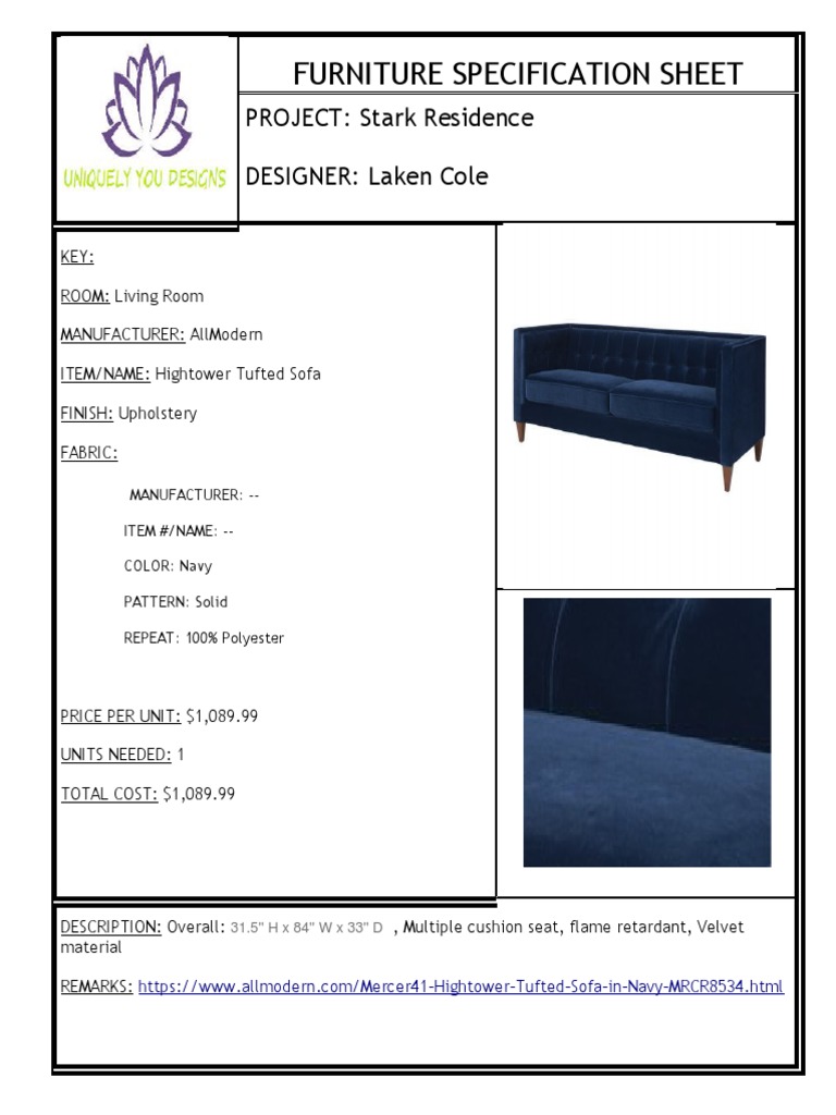 Furniture Specification Sheet: PROJECT: Stark Residence DESIGNER: Laken ...