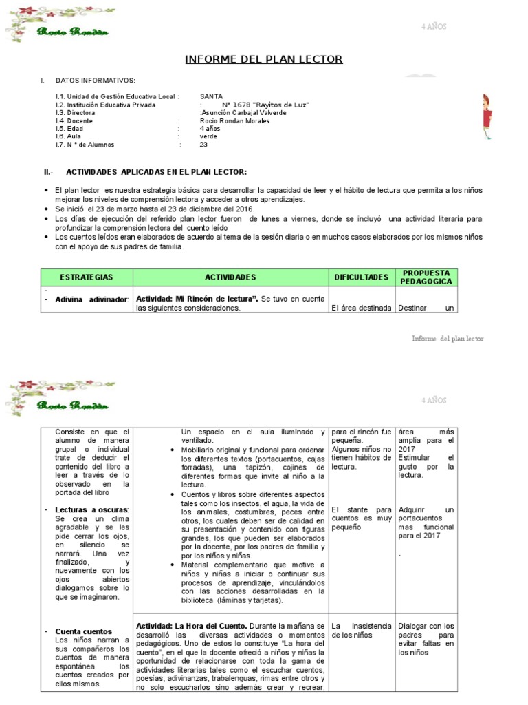 Informe Del Plan Lector 2016 (1) | Lectura (proceso) | Comprensión lectora