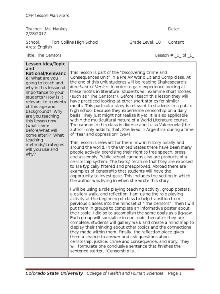 Lesson Idea/Topic and Rational/Relevanc E: What Are You: CEP Lesson ...