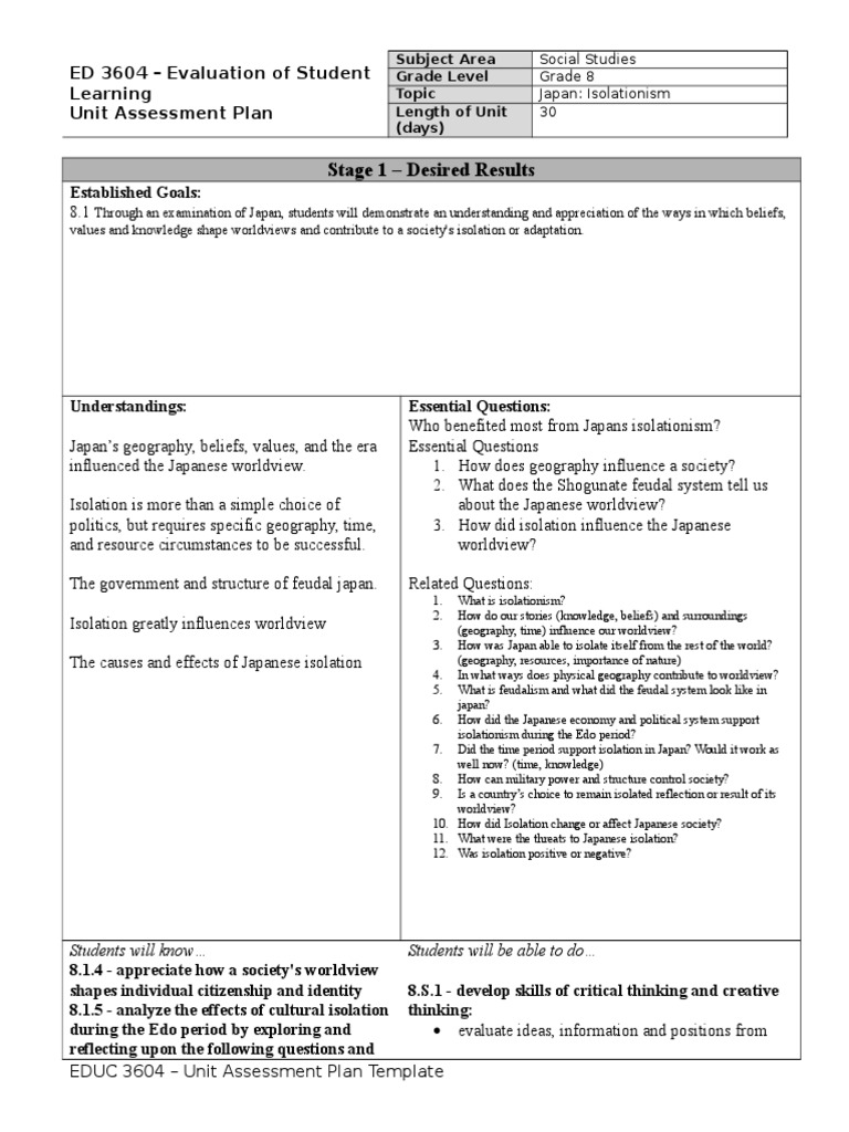 Unit Assessment Plan Japan | PDF | Educational Assessment | Japan