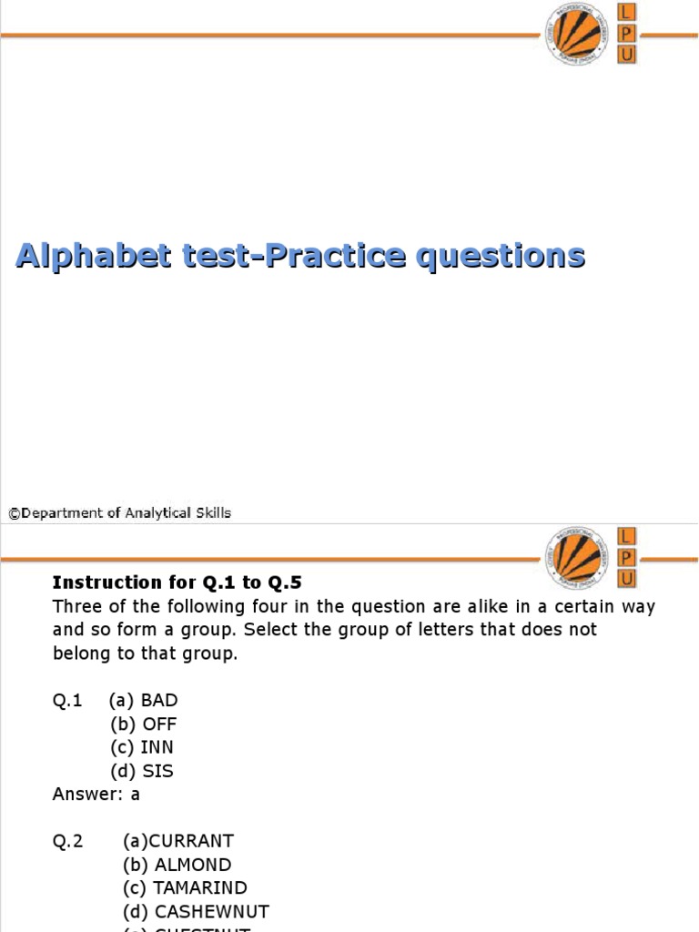 Alphabet test-Practice questions