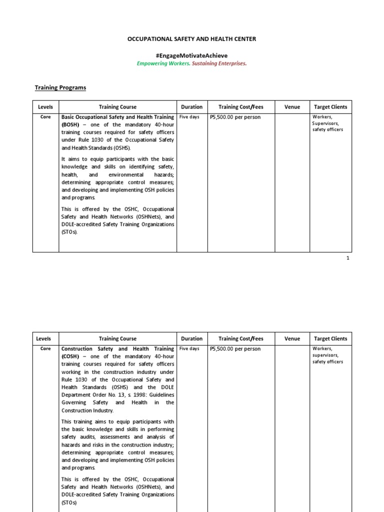 Osh C Training Programs | PDF | Occupational Hygiene | Occupational ...