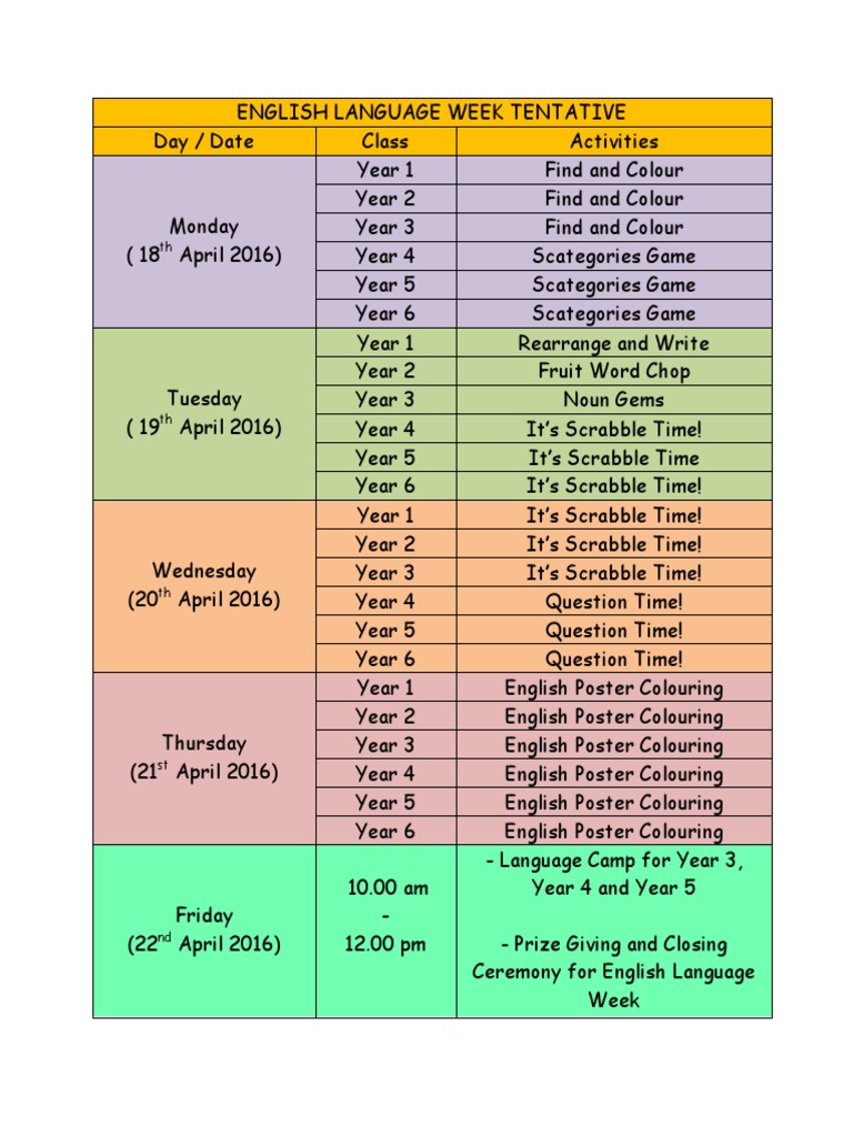 English Language Week Tentative | PDF | English Language | Leisure