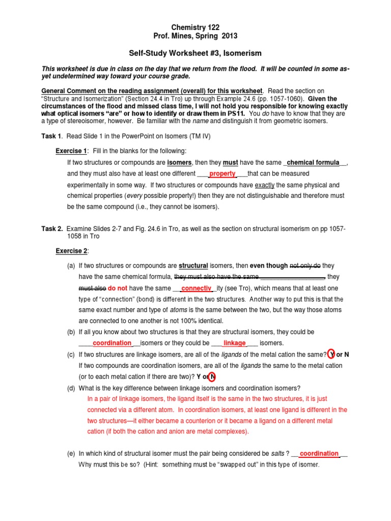 Self-Study Worksheet III Isomerism ANSWERS | PDF | Coordination Complex ...