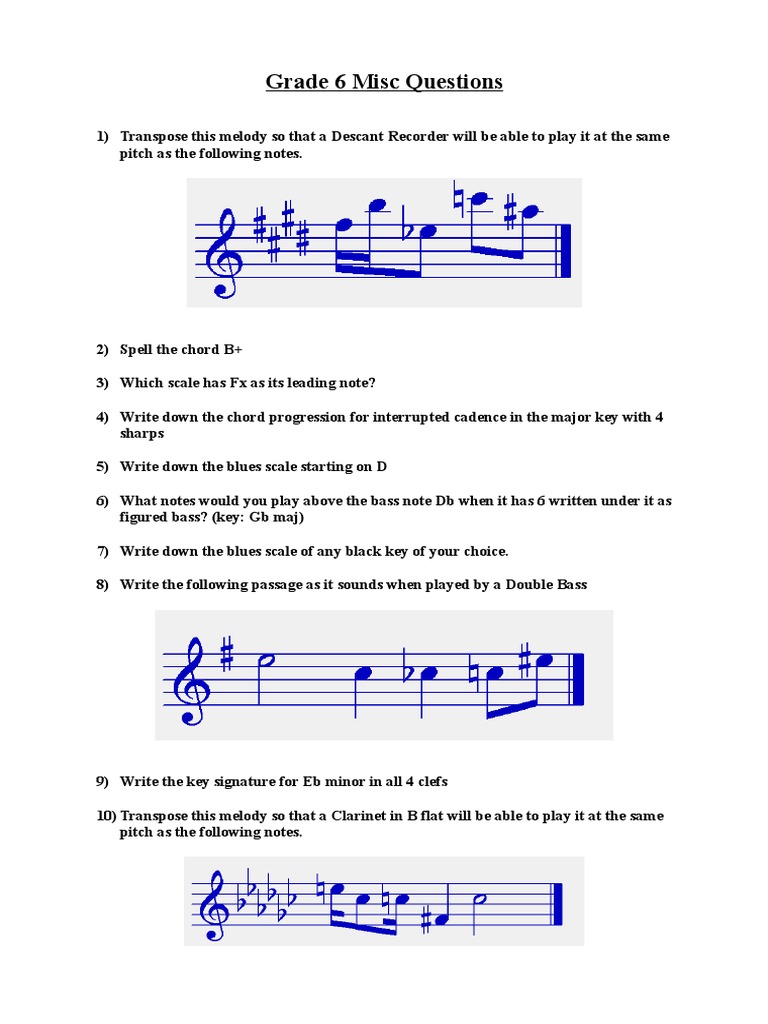 Grade 6 Misc Questions | PDF | Scale (Music) | Chord (Music)