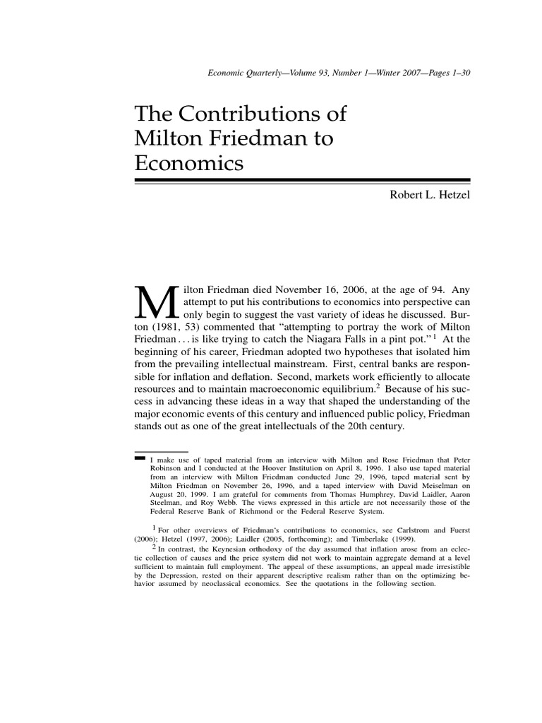 The Contributions of Milton Friedman To Economics: Robert L. Hetzel ...