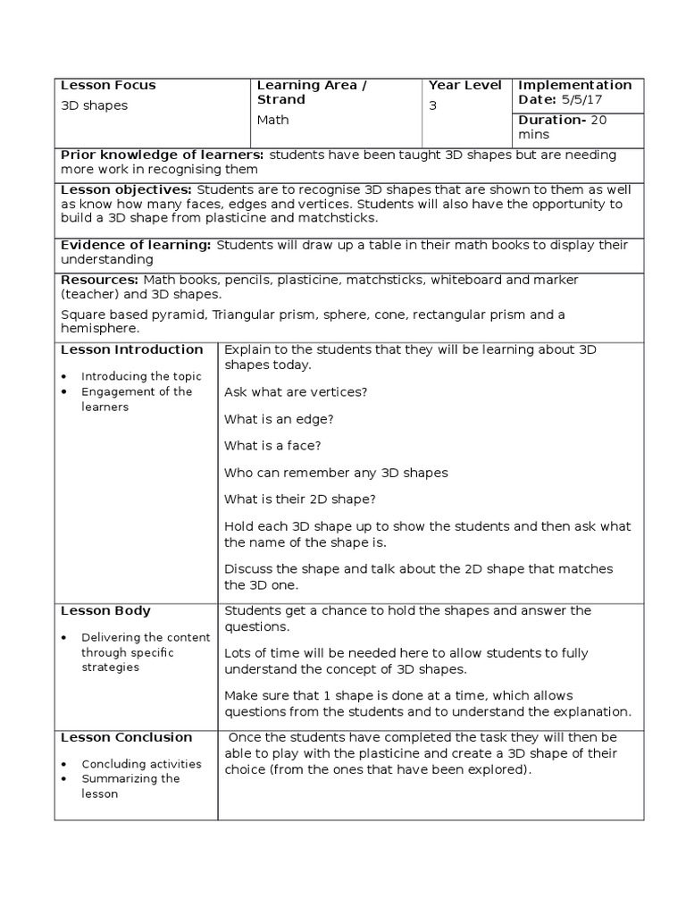 3d Shapes Lesson | PDF | Pedagogy | Learning