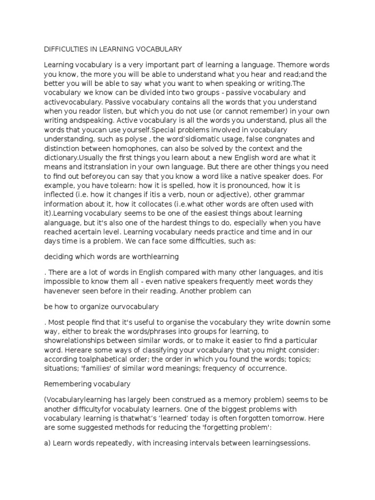 Difficulties in Learning Vocabulary | Vocabulary | English Language