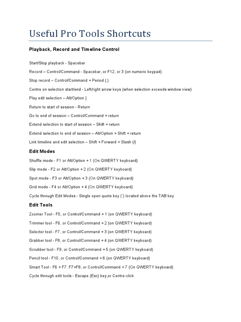 Useful Pro Tools Shortcuts | PDF