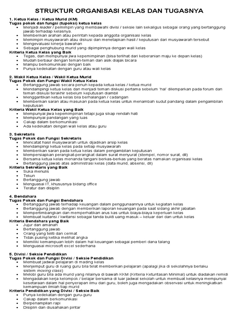 Struktur Organisasi Kelas Dan Tugasnya | PDF