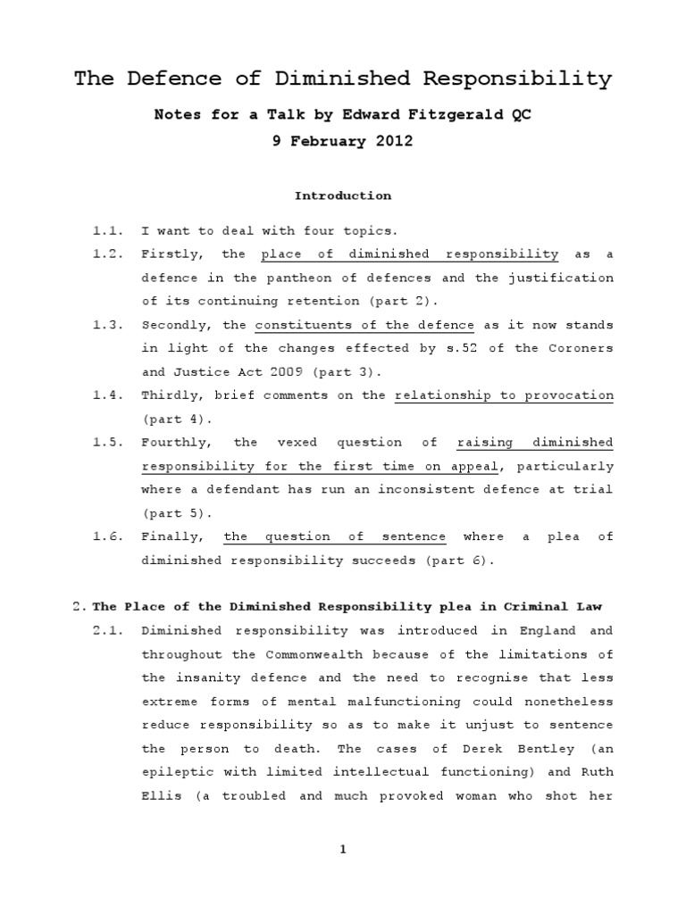 The Defence of Diminished Responsibility: Notes For A Talk by Edward ...