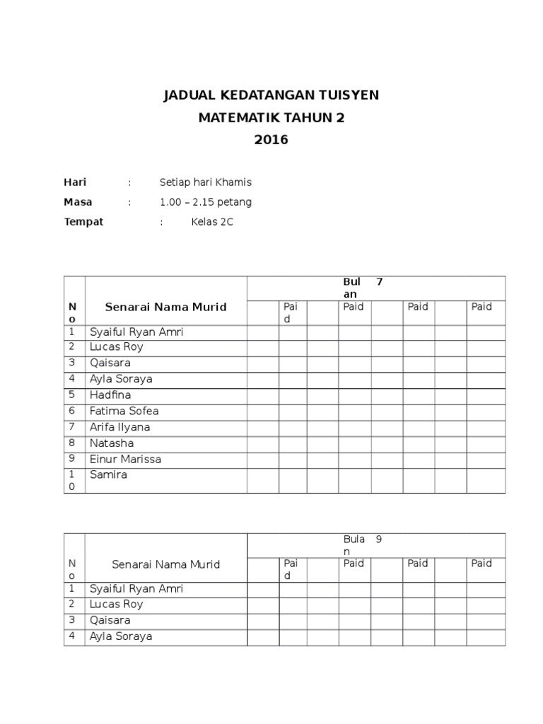 Jadual Kedatangan Murid Tuisyen Math | PDF