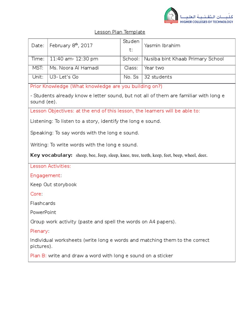 Second Lesson Plan Long e Sound | PDF | Lesson Plan | Pedagogy