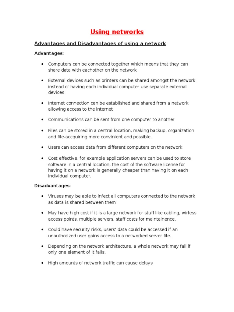 Using Networks: Advantages and Disadvantages of Using A Network | PDF