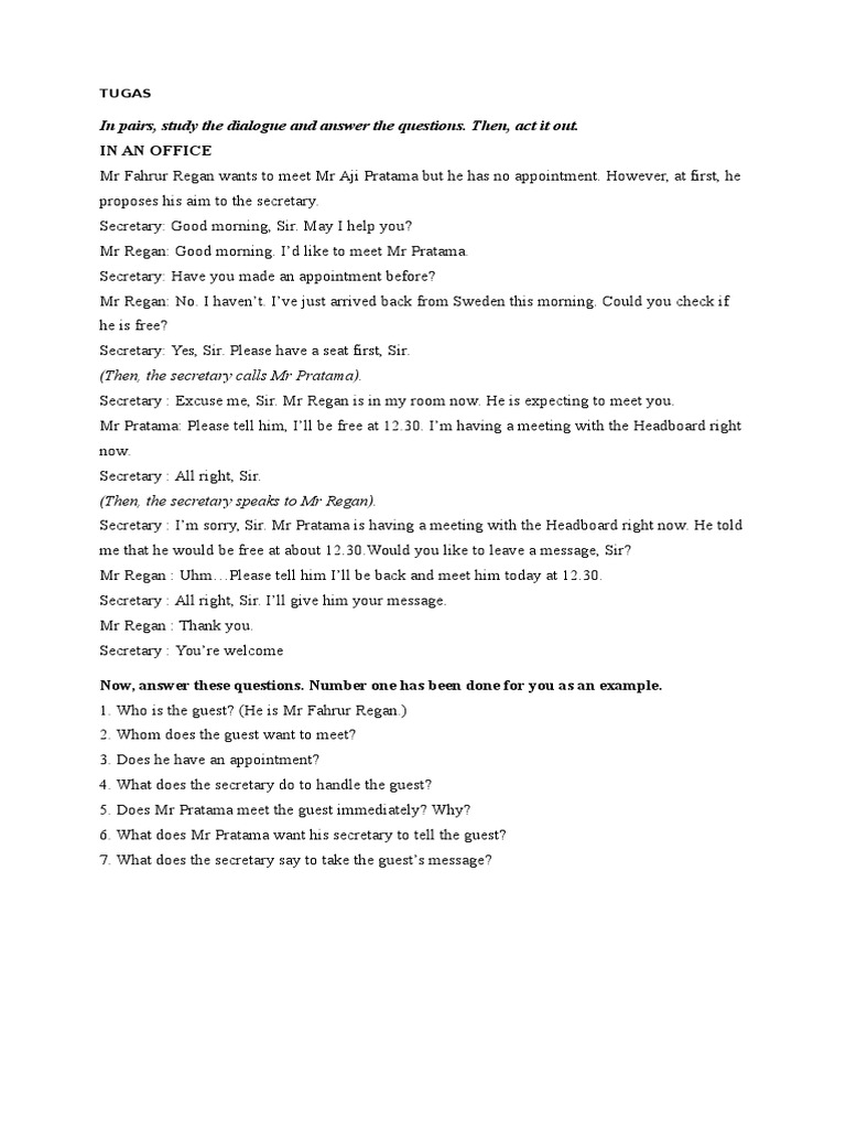 In An Office: in Pairs, Study The Dialogue and Answer The Questions ...