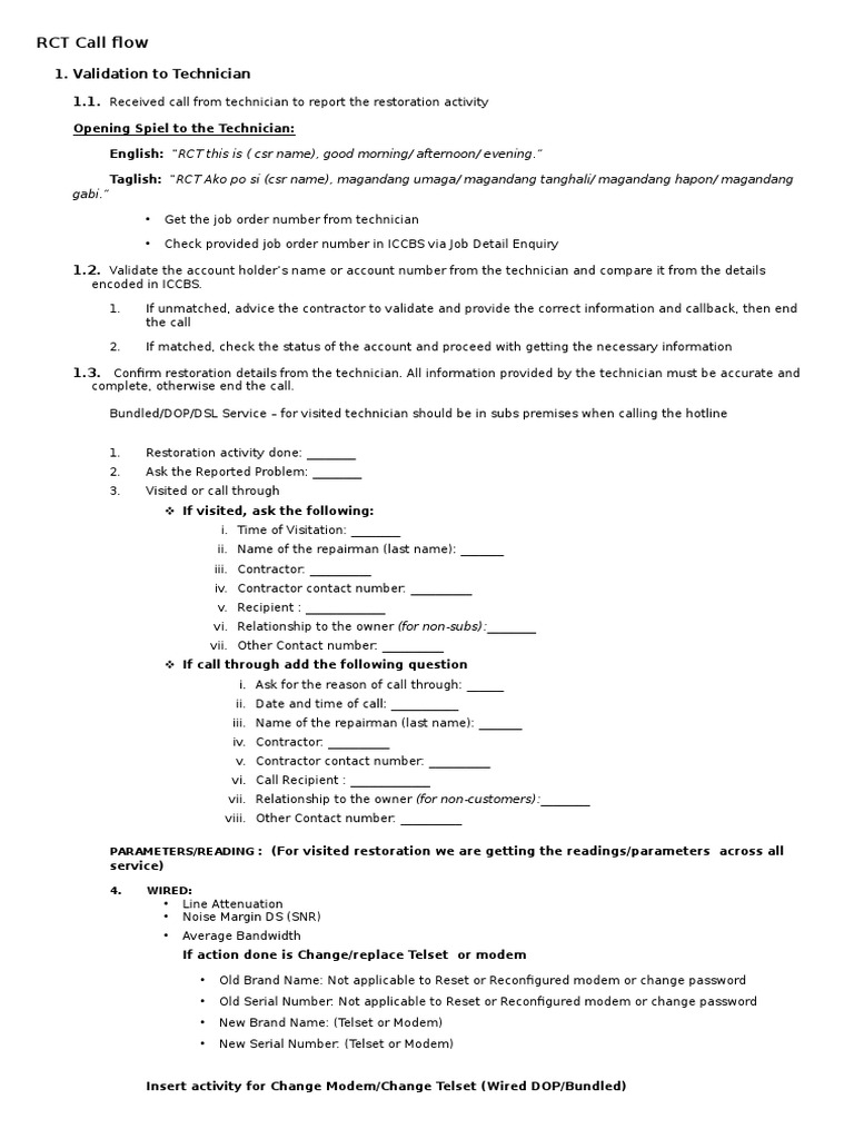 RCT Call Flow: 1. Validation To Technician 1.1 | PDF | Modem | 3 G
