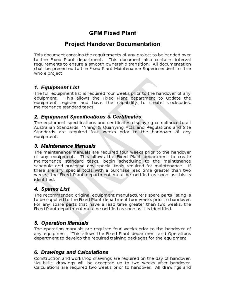 Fixed Plant Project Handover Documentation | PDF | Specification ...