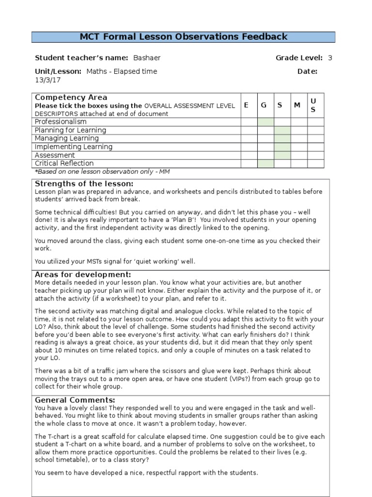 Lesson Observations Feedback | PDF | Lesson Plan | Educational Assessment