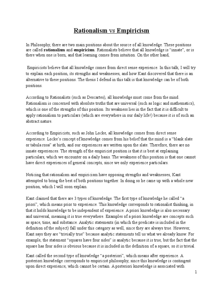 Rationalism Vs Empiricism | PDF | Rationalism | A Priori And A Posteriori