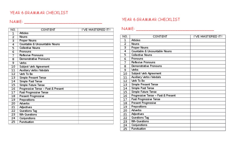 Year 6 Grammar Checklist NAME: - Year 6 Grammar Checklist NAME | PDF ...