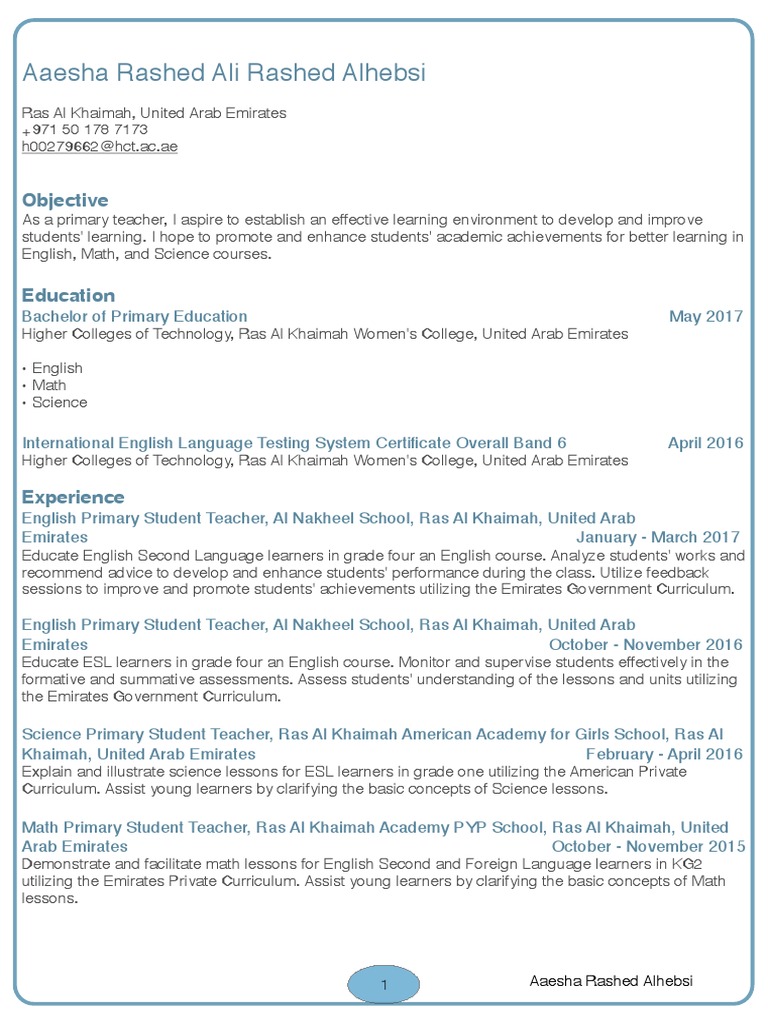 Aaesha Rashed Alhebsi-H00279662-Ae8-Cv | PDF | English As A Second Or Foreign Language ...