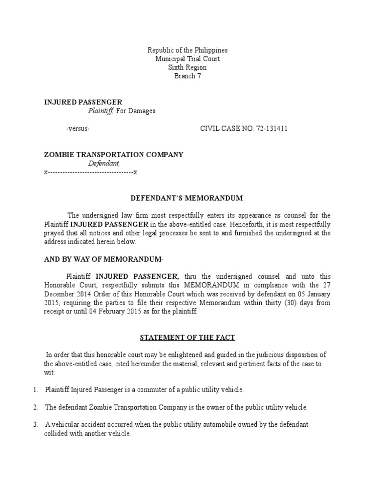 Memorandum | Negligence | Damages