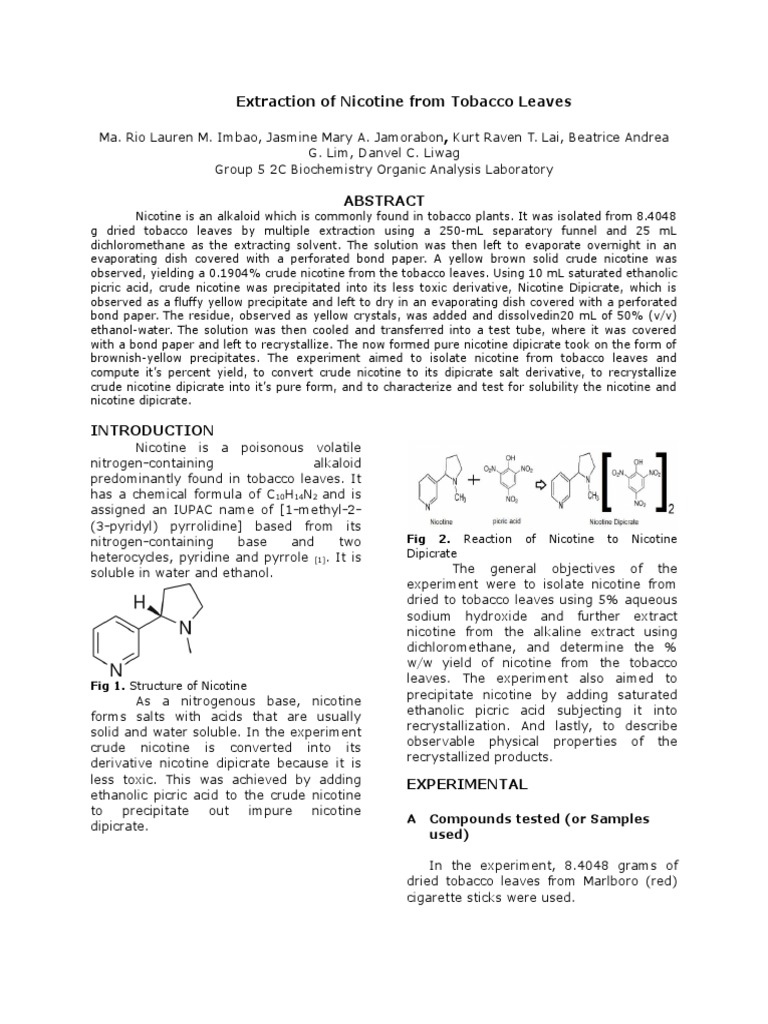 Extraction of Nicotine From Tobacco Leaves | PDF | Filtration | Solubility