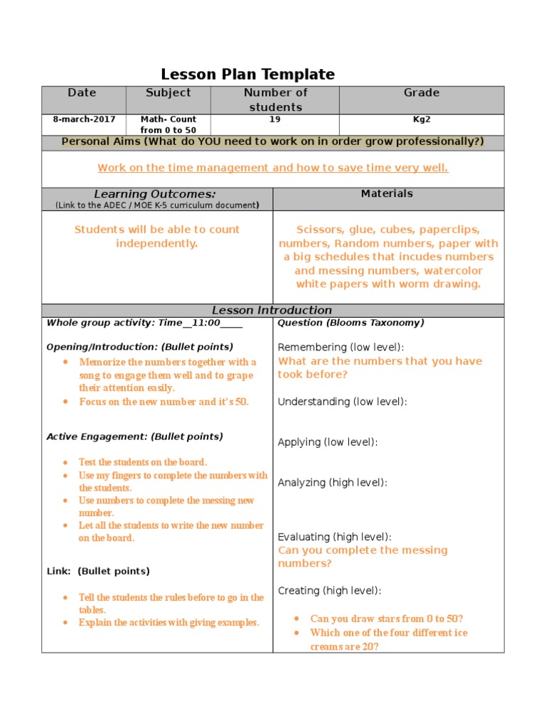 Lesson Plan Template: Date Subject Number of Students Grade | PDF