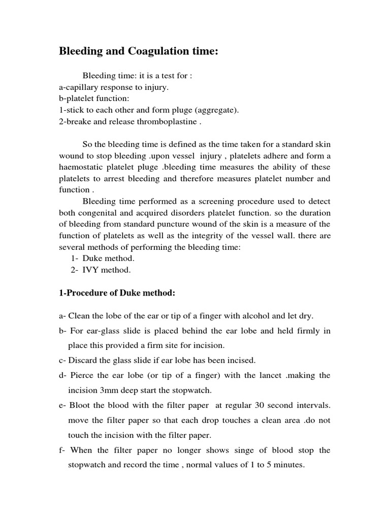 Bleeding and Coagulation Time:: 1-Procedure of Duke Method | PDF ...