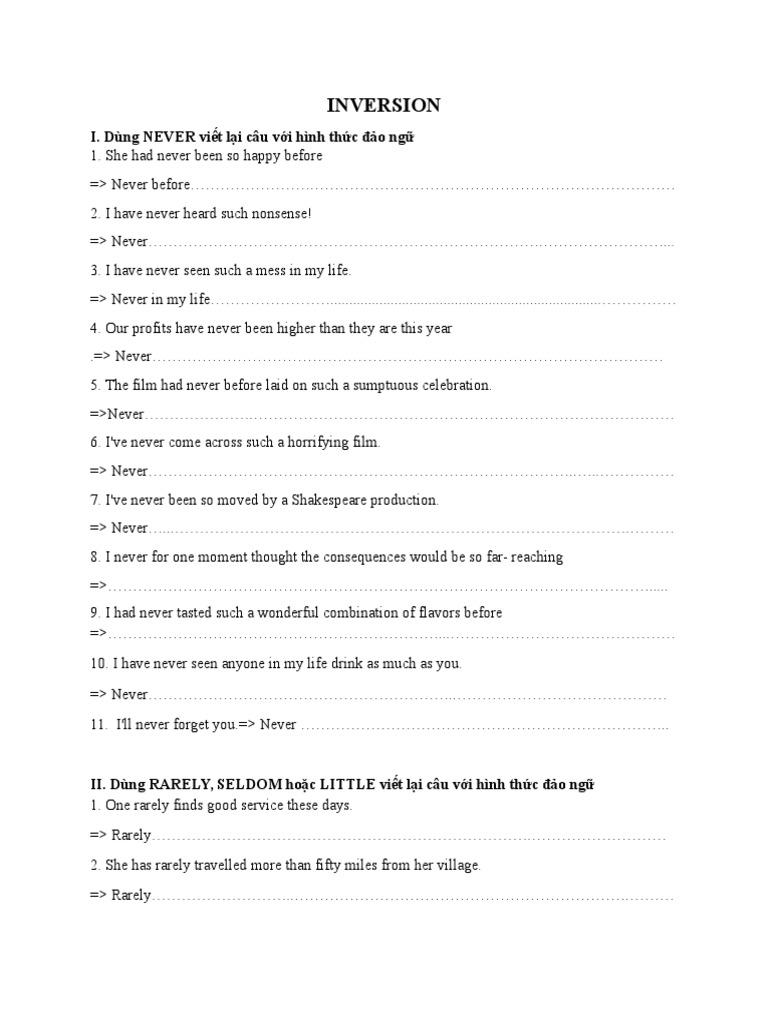 Inversion: I. Dùng NEVER viết lại câu với hình thức đảo ngữ | PDF ...