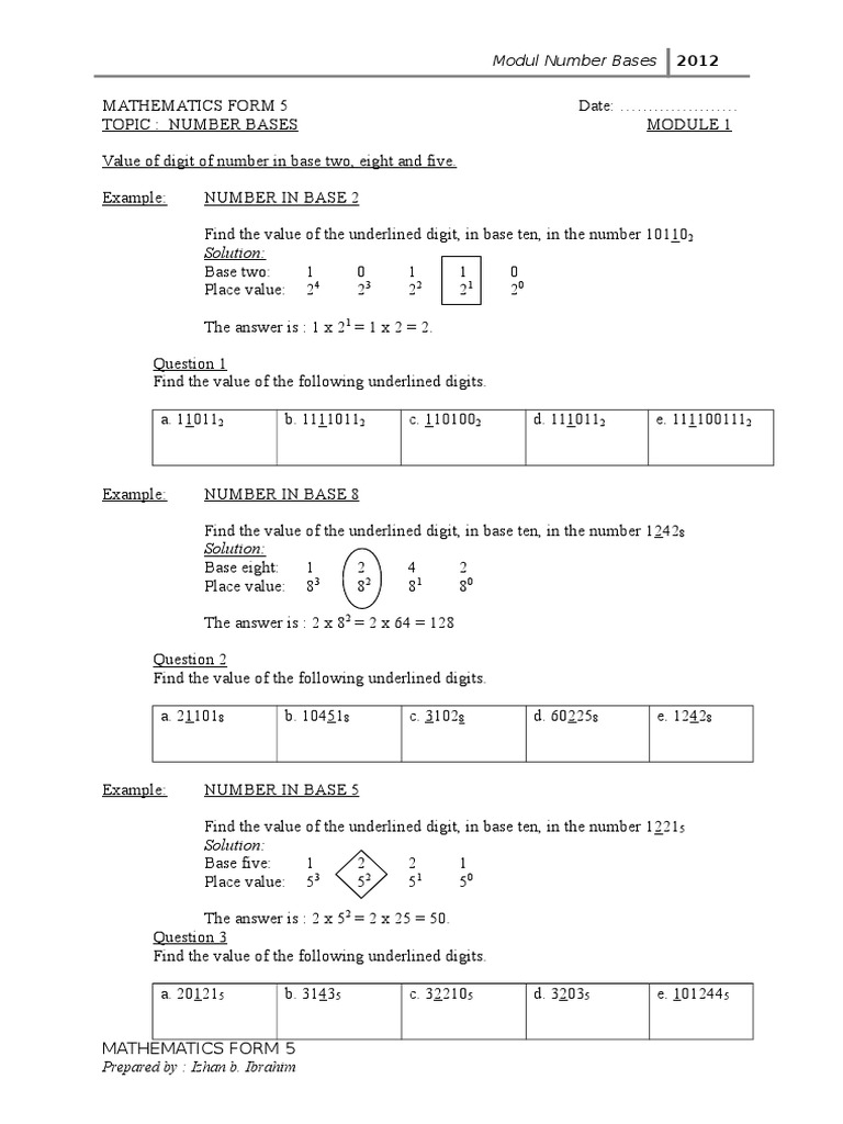 Number Bases Worksheet for Form 5 | PDF | Decimal | Mathematical Objects