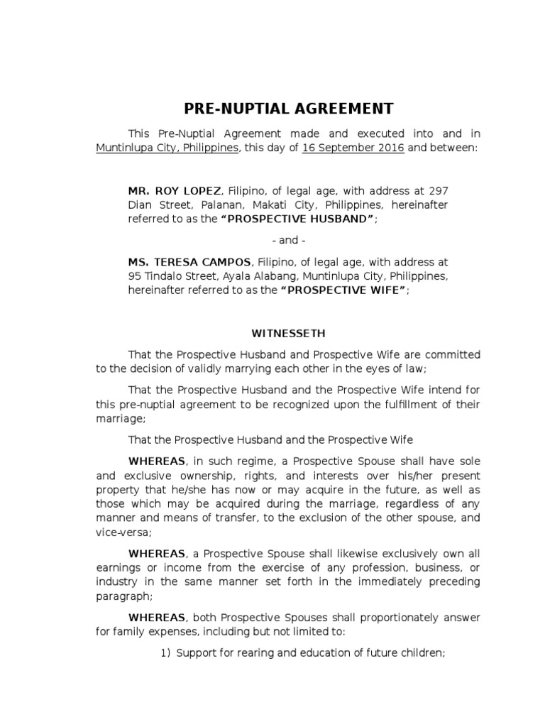 Prenuptial Agreement Sample | Civil Law (Legal System) | Marriage