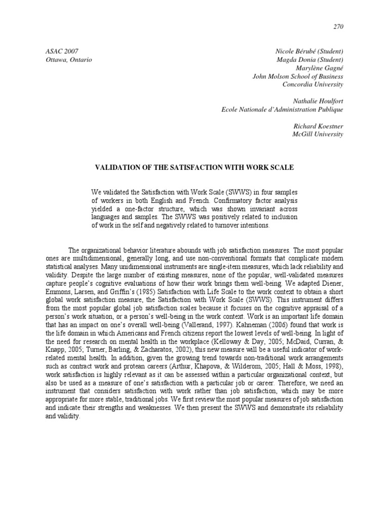The Satisfaction With Work Scale (SWWS) | PDF | Job Satisfaction | Affect (Psychology)