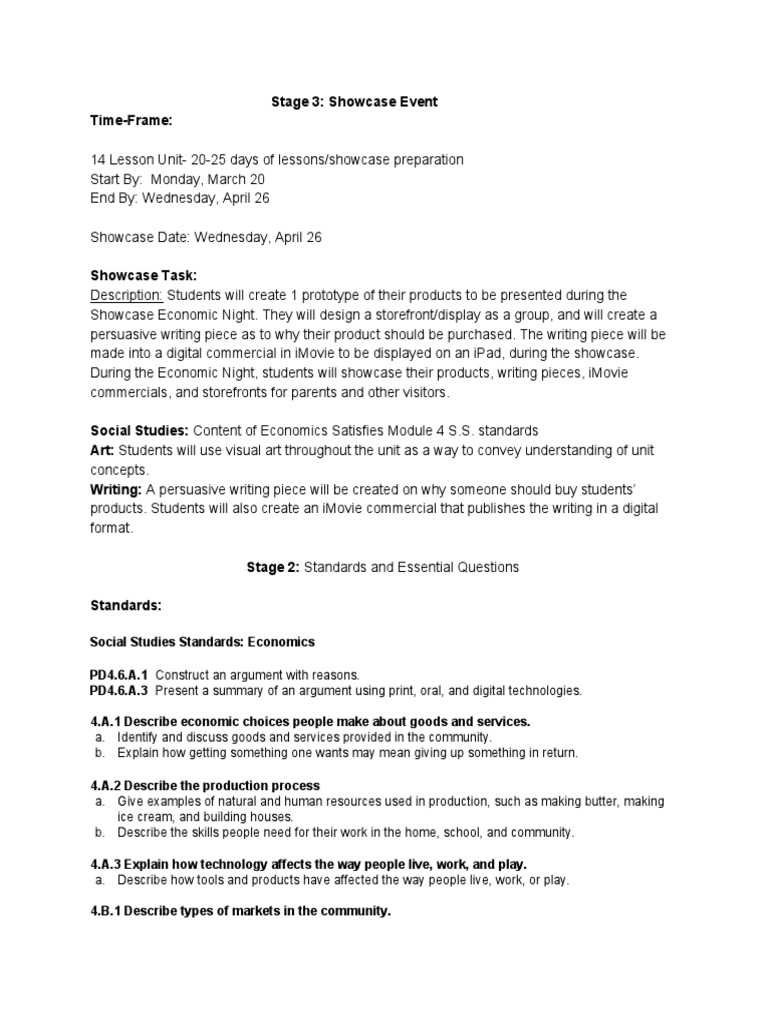 Economics Unit Ubd Plan | PDF | Lesson Plan | Educational Assessment