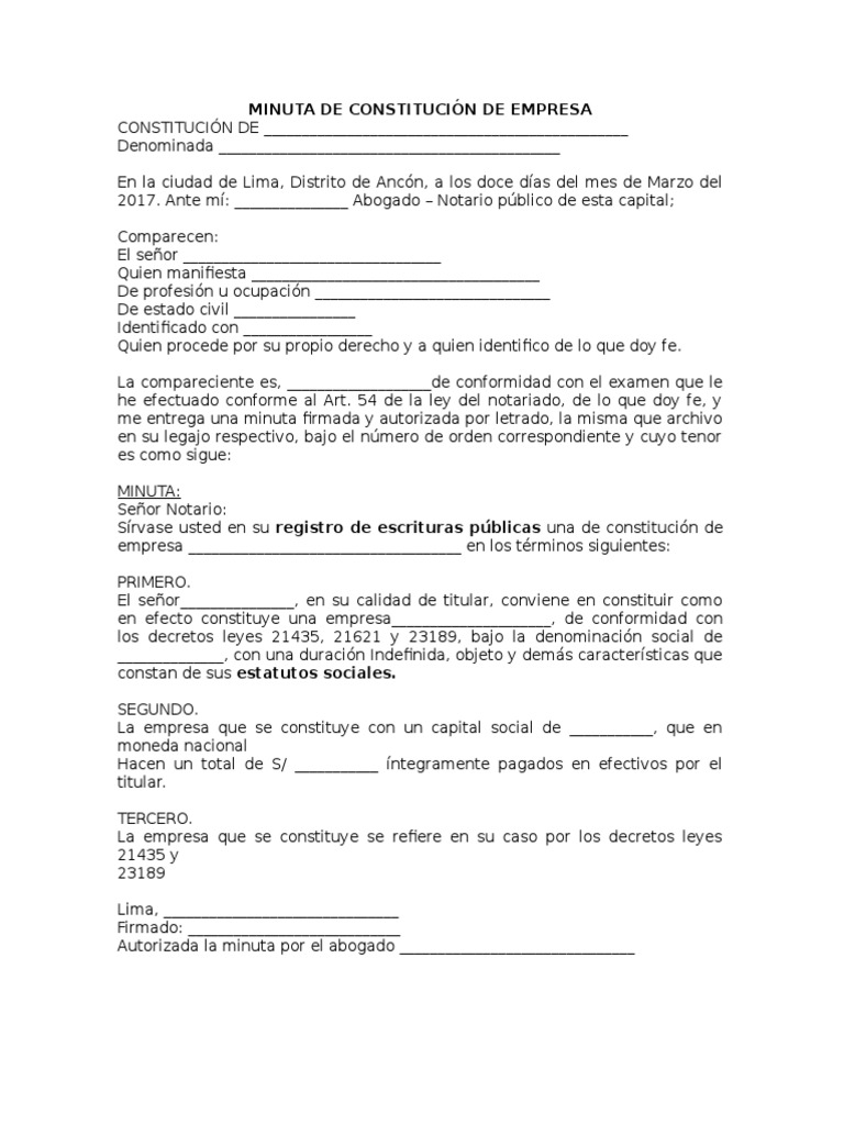 Minuta de Constitucion de Empresa | PDF