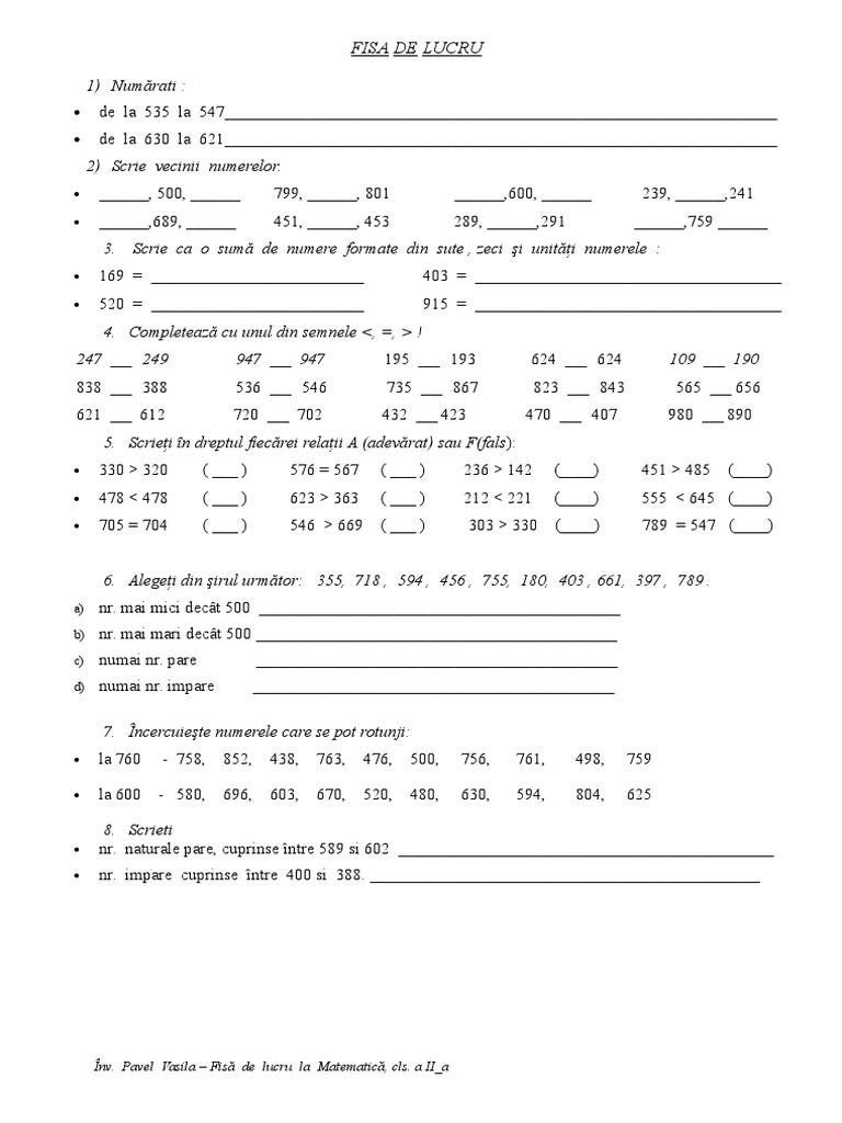 0 Numerele de La 0 La 1000 FISA de LUCRU | PDF
