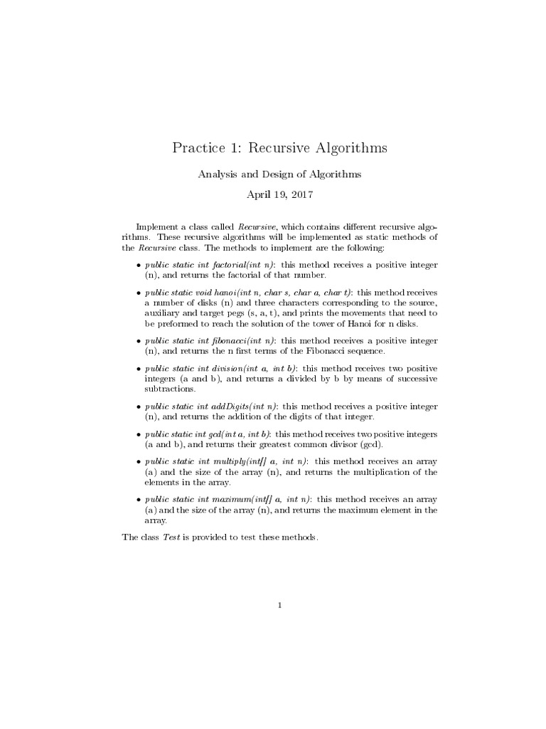 Practice 1: Recursive Algorithms: Analysis and Design of Algorithms ...