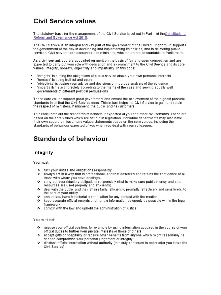 Civil Service Values | PDF | Civil Service | Public Law